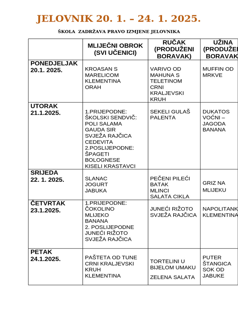 Jelovnik 20. 1. - 24. 1. 2025. | PDF