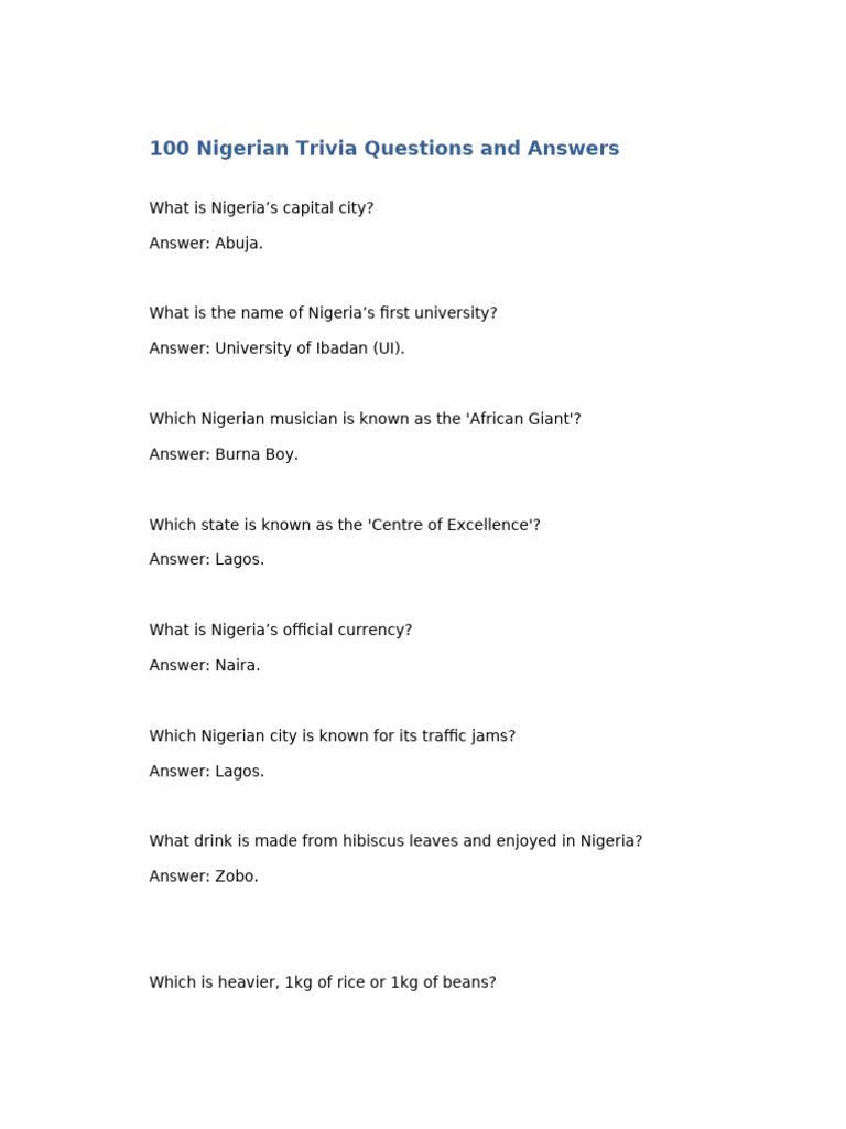 Nigerian Trivia Questions & Answers | PDF | Nigeria