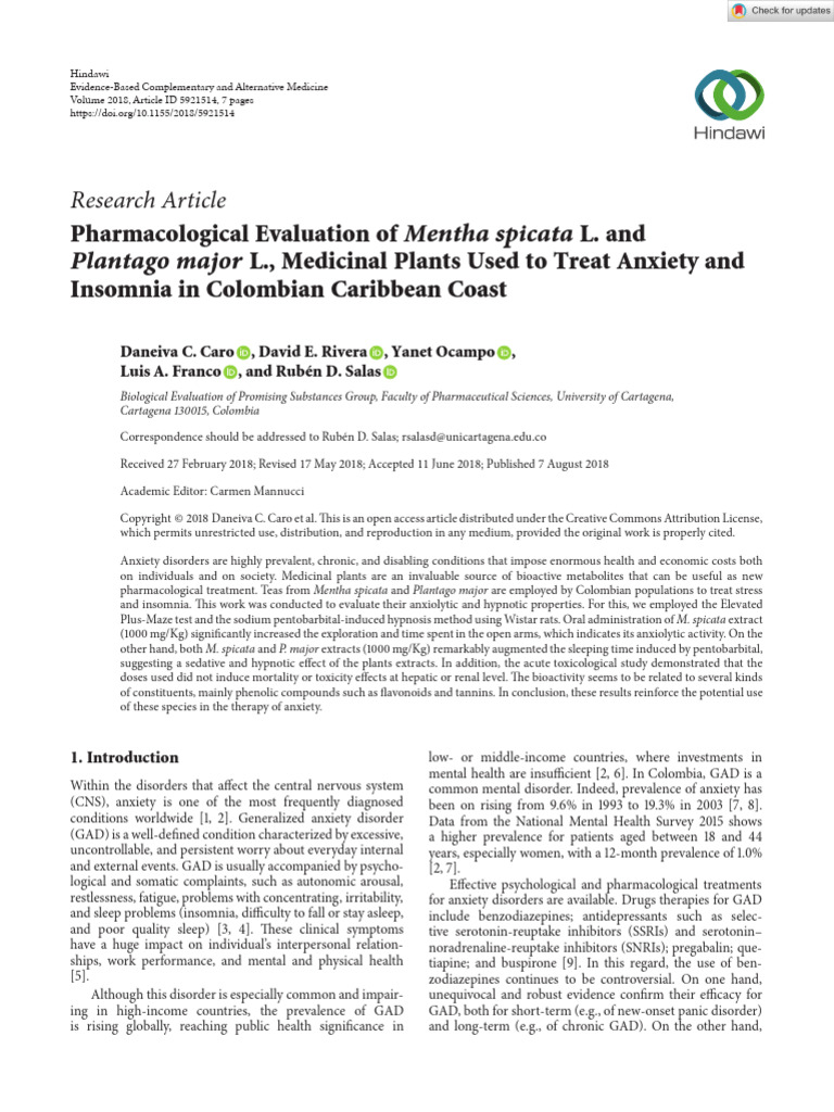 Evidence-Based Complementary and Alternative Medicine - 2018 - Caro - Pharmacological Evaluation ...