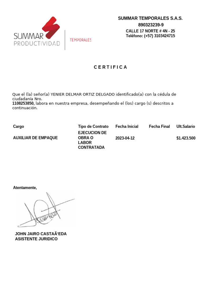 SUMMAR TEMPORALES S A S Certificado Carta Labora | PDF