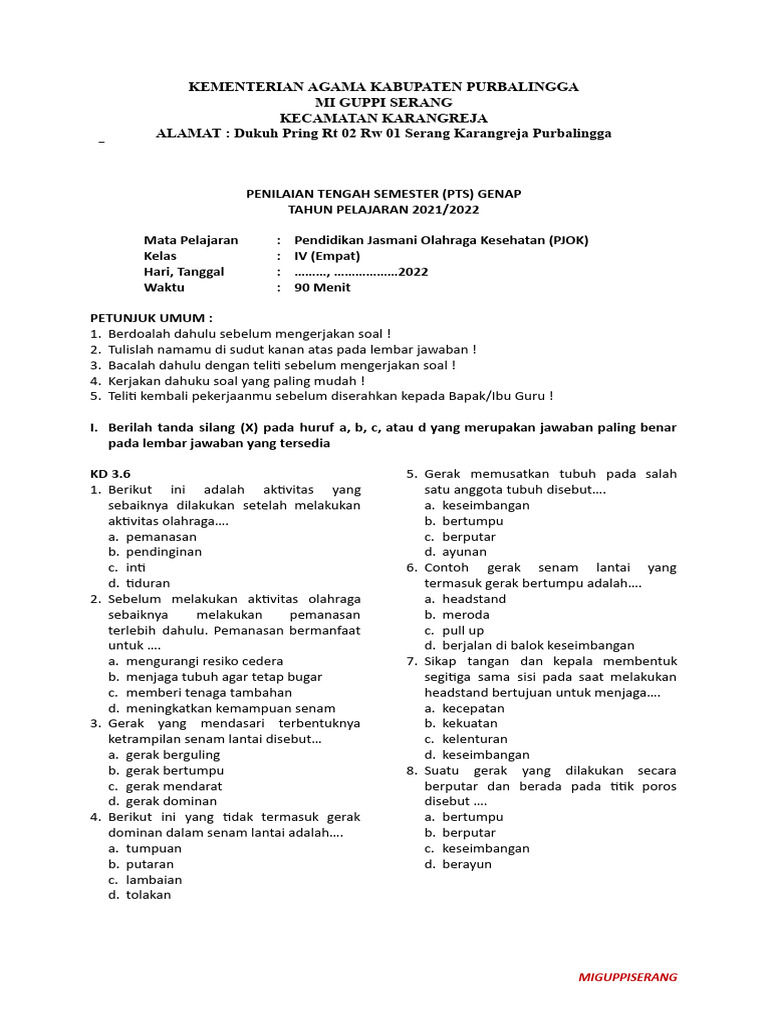Soal PTS 2 Mapel PJOK Kelas IV - Google Dokumen | PDF