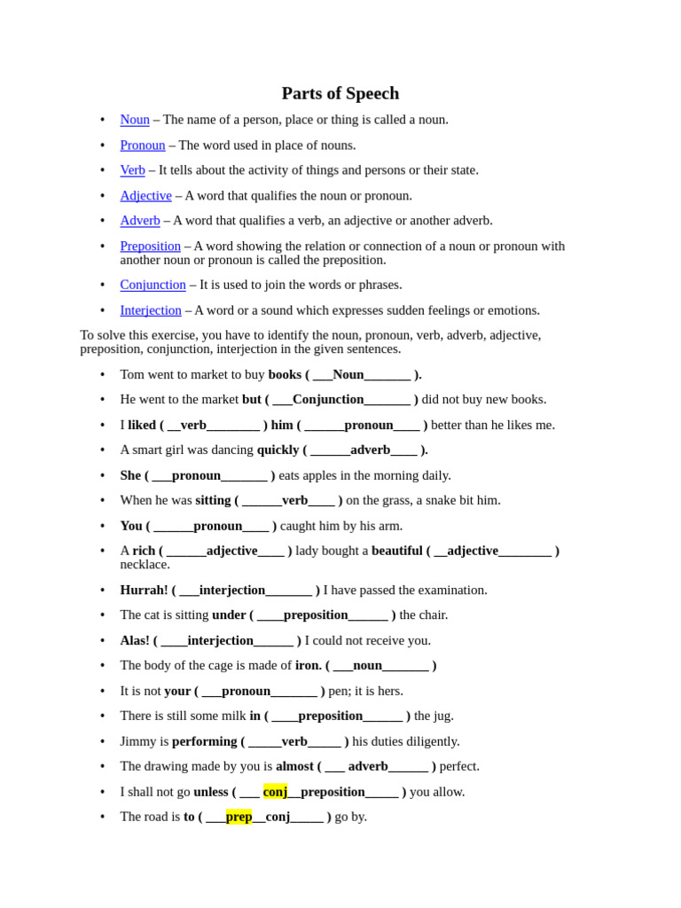 Parts - of - Speech - Exercise - Docx ANS | PDF | Adverb | Part Of Speech