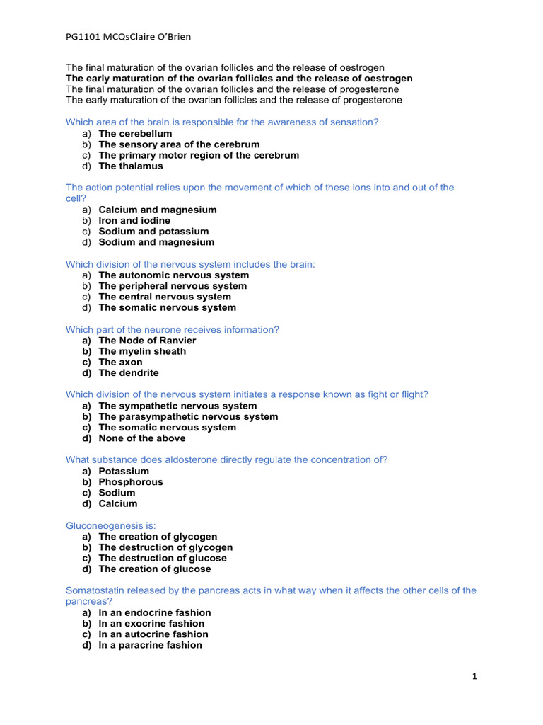 Biology MCQs on Human Physiology | PDF | Epithelium | Action Potential
