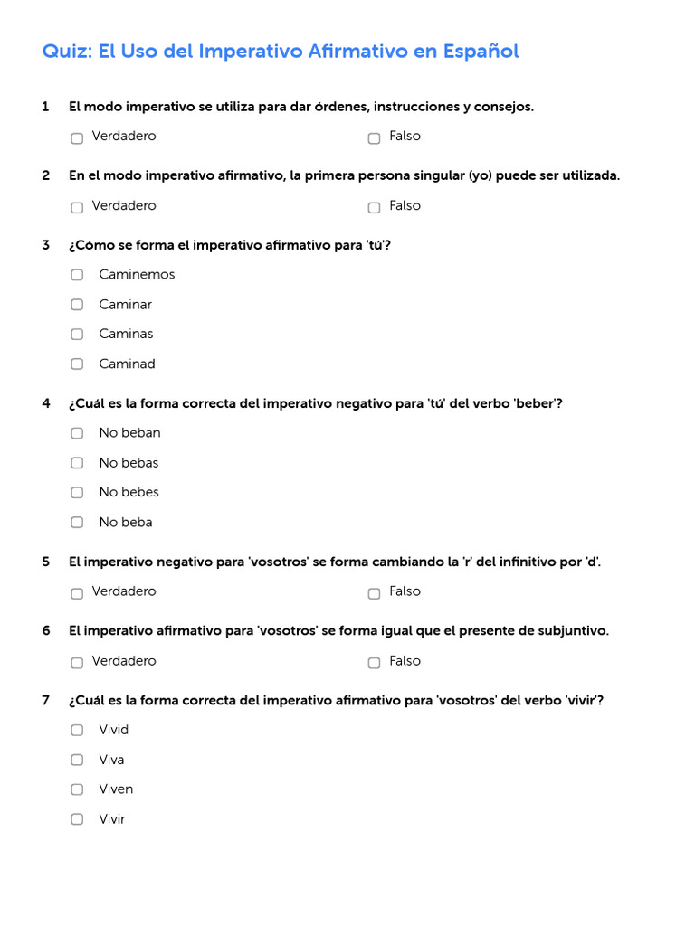 El Uso Del Imperativo Afirmativo en Español - Quiz Algor (Solo ...