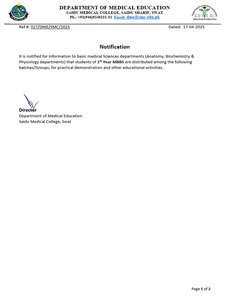 1st Year MBBS Group Distribution Notice | PDF