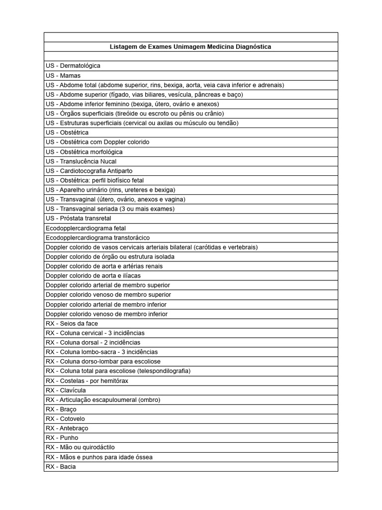 Exames Disponíveis na Unimagem Medicina Diagnóstica | PDF