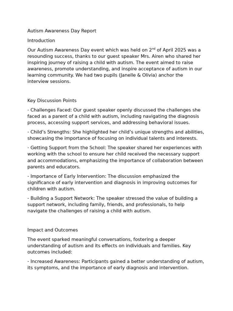 Autism Awareness Day Report | PDF | Autism | Behavioural Sciences