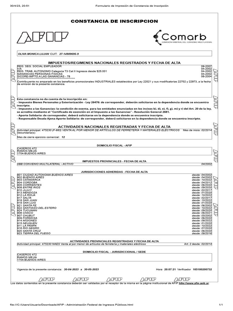 Constancia de Inscripción AFIP 2023 | PDF | Impuestos | Argentina