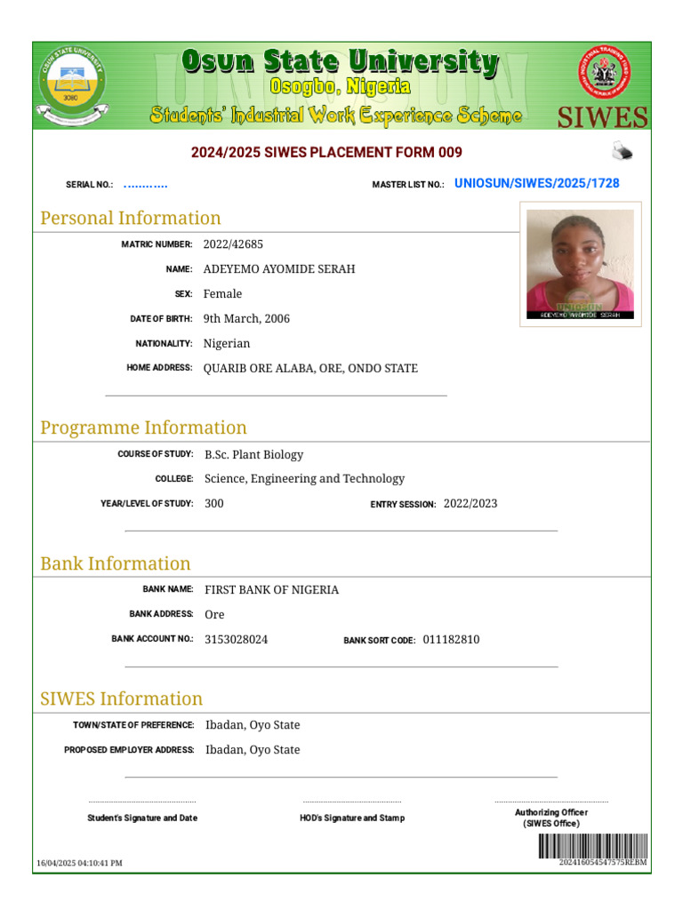 2024 - 2025 Siwes Placement Form | PDF