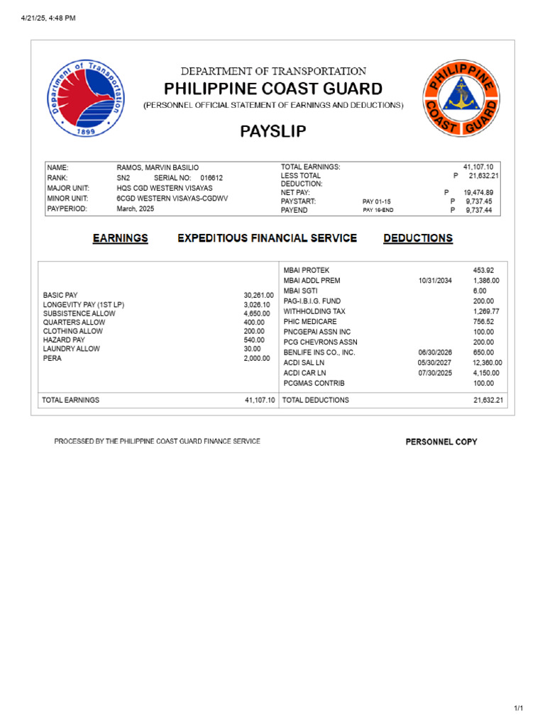 sn2 Ramos March Payslip | PDF | Taxes | Government Finances