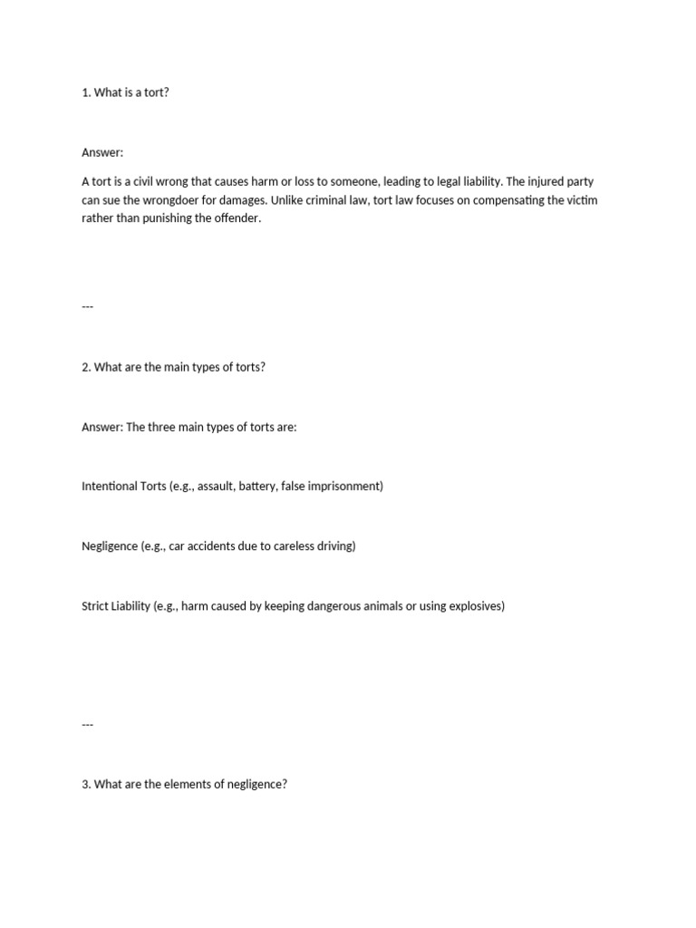 Tort Law Questions and Answers | PDF | Negligence | Tort