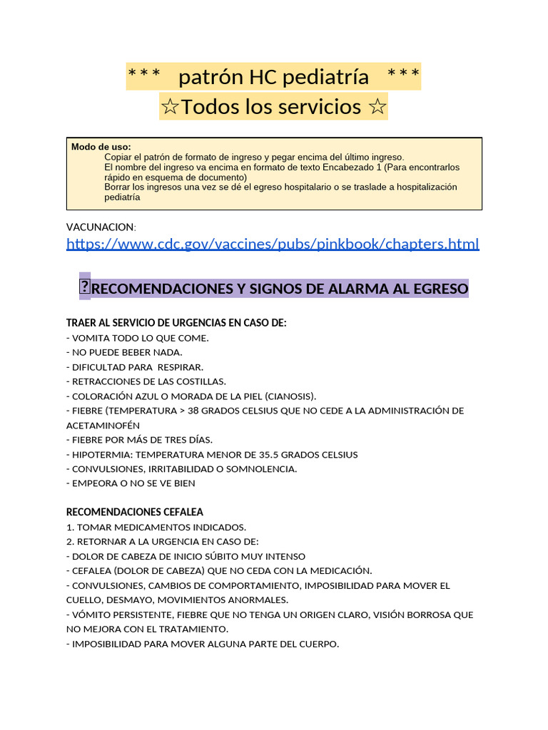 Formato HC HUN Pediatria Todos Los Servicios | PDF | Diarrea | Deshidración