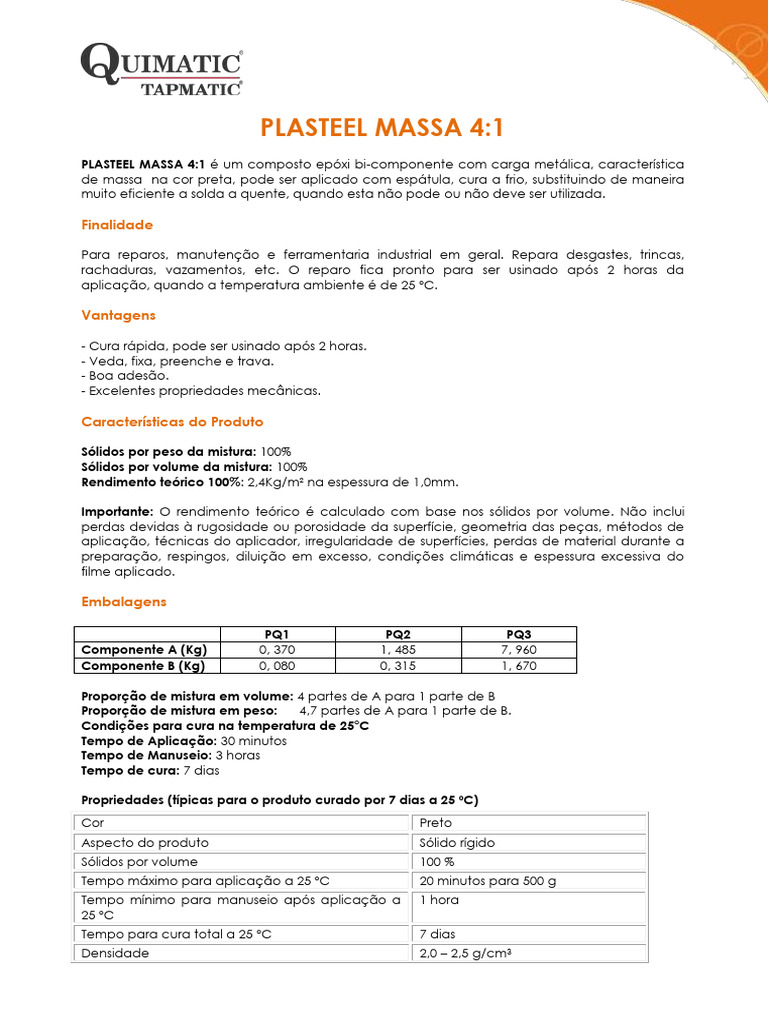 Plasteel Massa 4:1: Composto Epóxi para Reparos | PDF | Cimento | Umidade