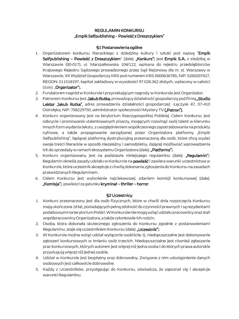 Regulamin Konkurs Z Dreszczykiem | PDF