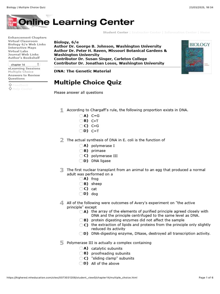 Biology - Multiple Choice Quiz | PDF | Dna | Dna Replication