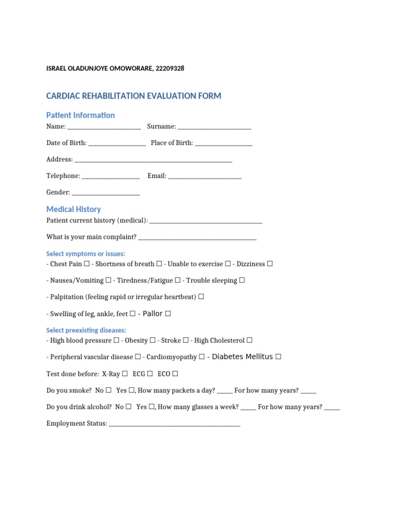 Cardiac Evaluation Form | PDF | Heart | Clinical Medicine