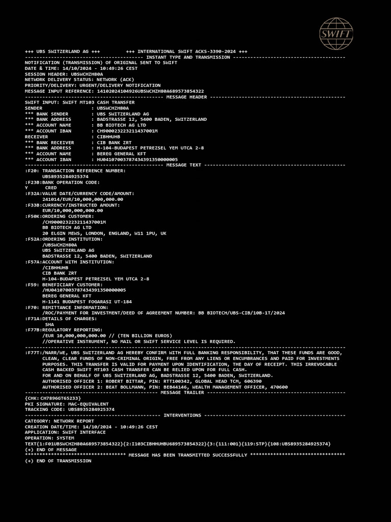 UBS MT103 Cash Transfer Notification | PDF | Banking Technology ...