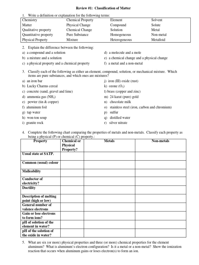 Review #1 Classification of Matter | PDF | Chemical Substances | Mixture