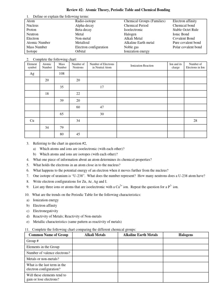 Review #2 Atomic Theory, Periodic Table and Chemical Bonding | PDF ...