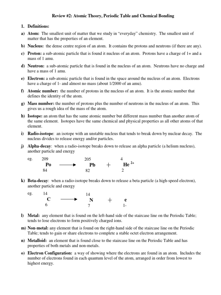 Review #2 (Answers) Atomic Theory, Periodic Table and Chemical Bonding ...
