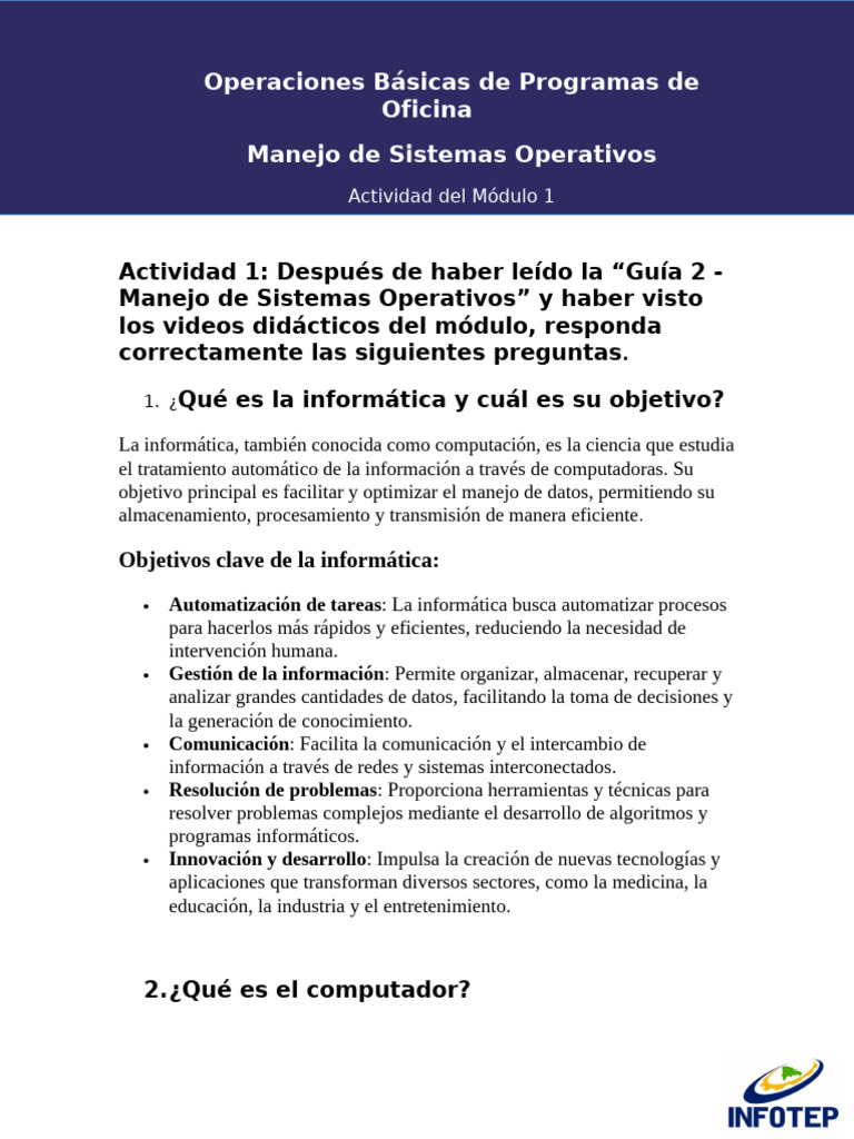 I, P Infote Actividad - Módulo 1 | PDF | Hardware de la computadora ...