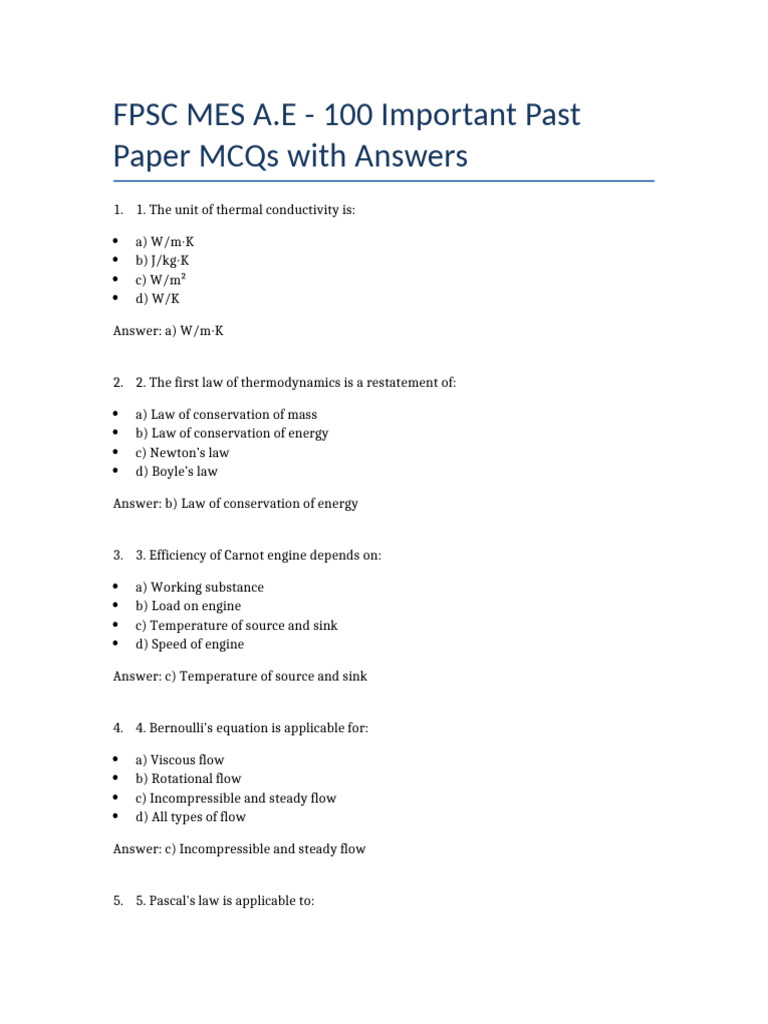 FPSC MES AE 100 Past Paper MCQs | PDF | Fluid Dynamics | Damping