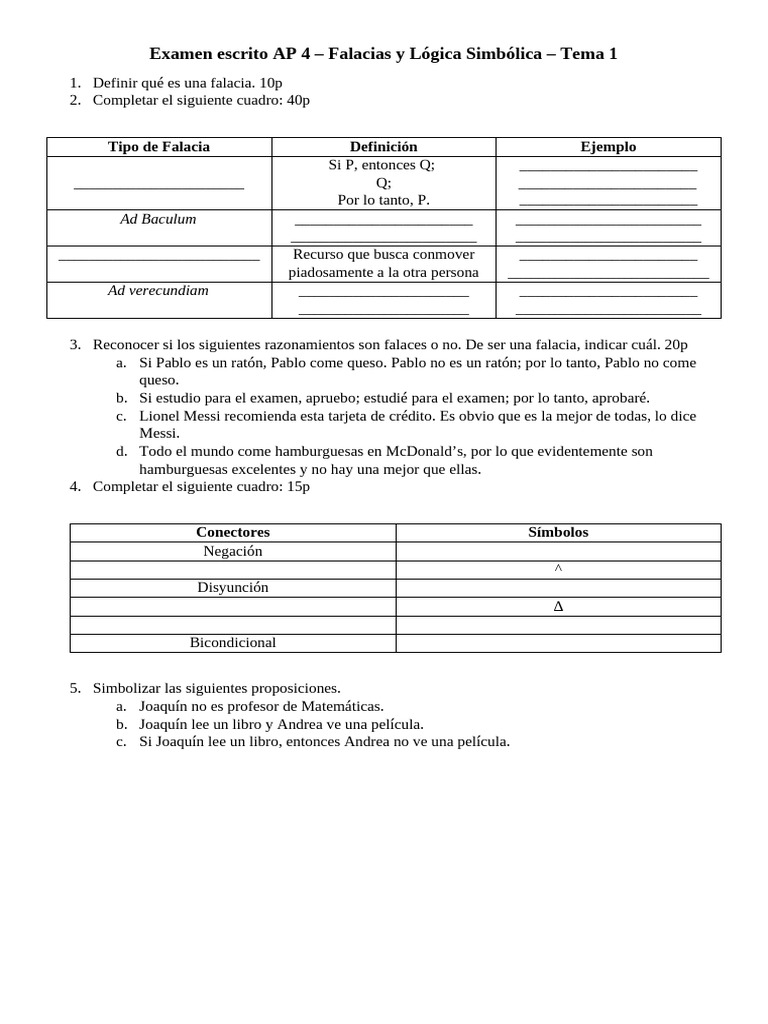 Lógica - Examen Escrito AP 4 | PDF | Falacia | Lógica matemática