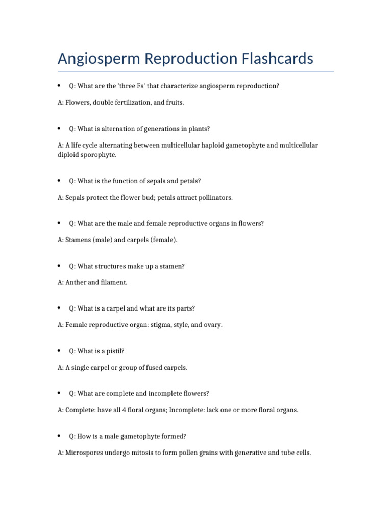 Angiosperm_Reproduction_Flashcards | PDF | Sexual Reproduction | Flowers