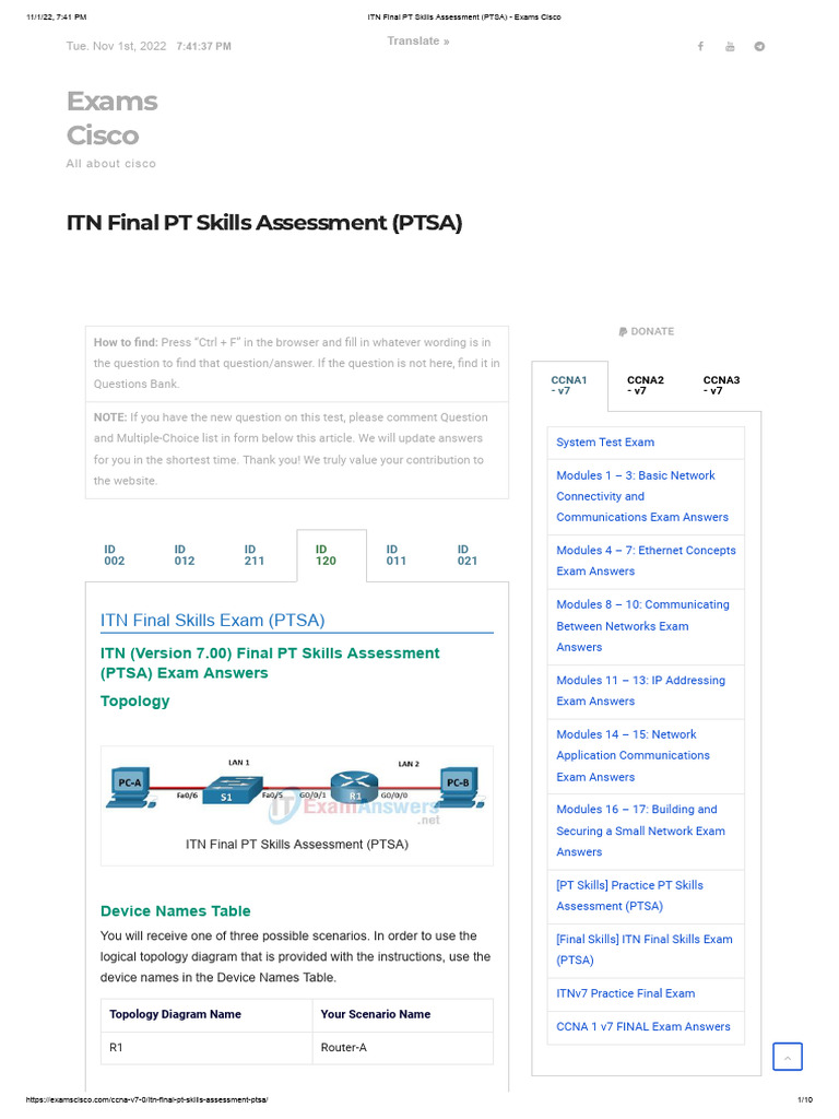 ITN Final PT Skills Assessment (PTSA) - Exams Cisco | PDF | Cisco Certifications | Ip Address
