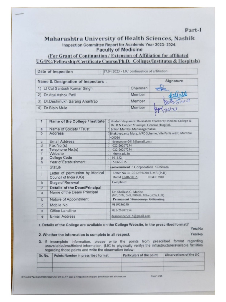 MUHS LIC Inspection Part 1 | PDF