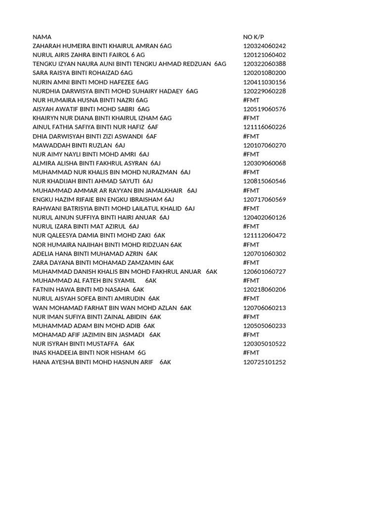 Student Names and ID List 6AG to 6G | PDF