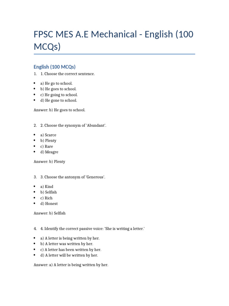 FPSC MES AE English 100 MCQs | PDF | Sentence (Linguistics) | Verb