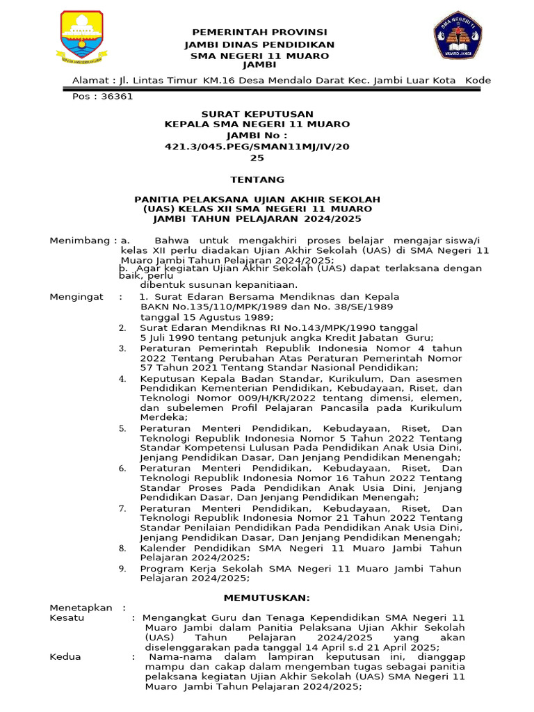 Sk Panitia Uas Xii Tp. 2024-2025 | PDF