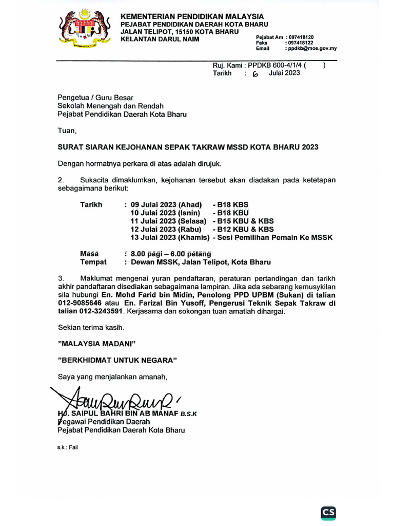 Surat Siaran Kejohanan Sepak Takraw Tahun MSSD KB 2023 | PDF