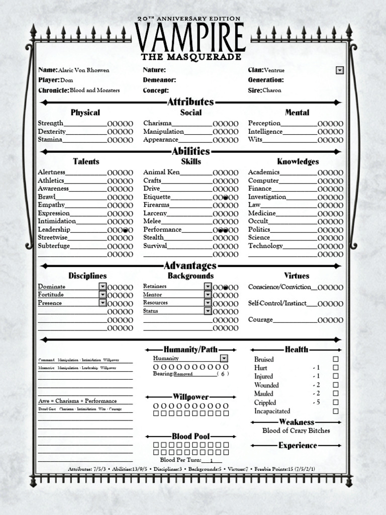 Alaric_V20_Character_Sheet | PDF | Virtue | Storytelling