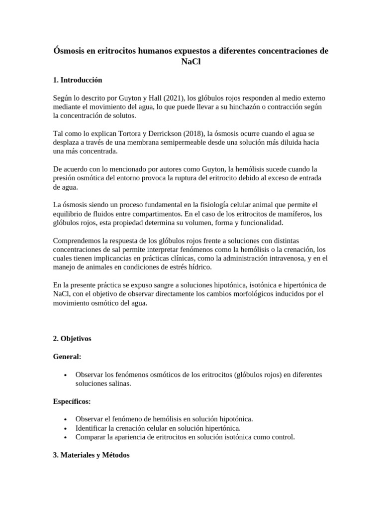 Ósmosis en Eritrocitos Humanos Expuestos A Diferentes Concentraciones ...