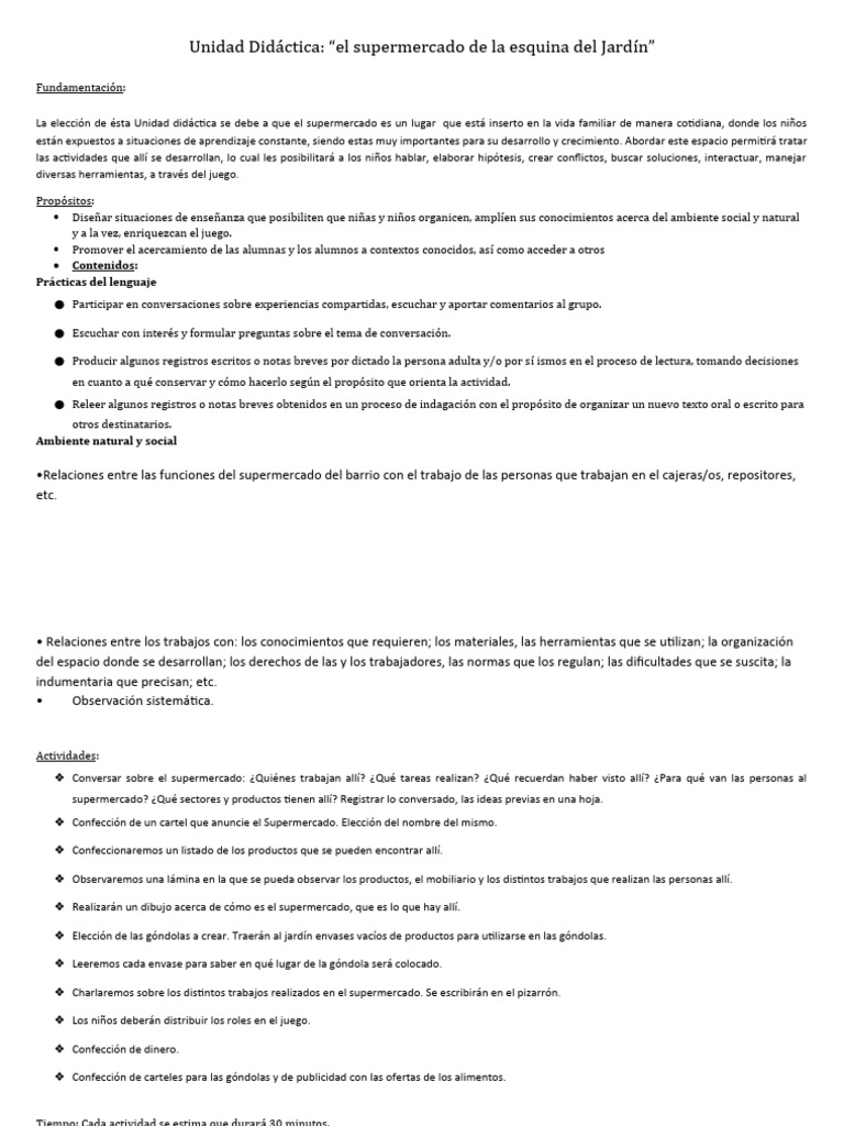 Unidad Didáctica: Supermercado en el Jardín | PDF | Cognición | Aprendizaje