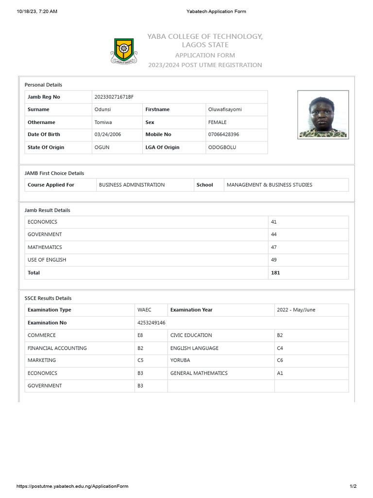 Yabatech Application Formllll | PDF