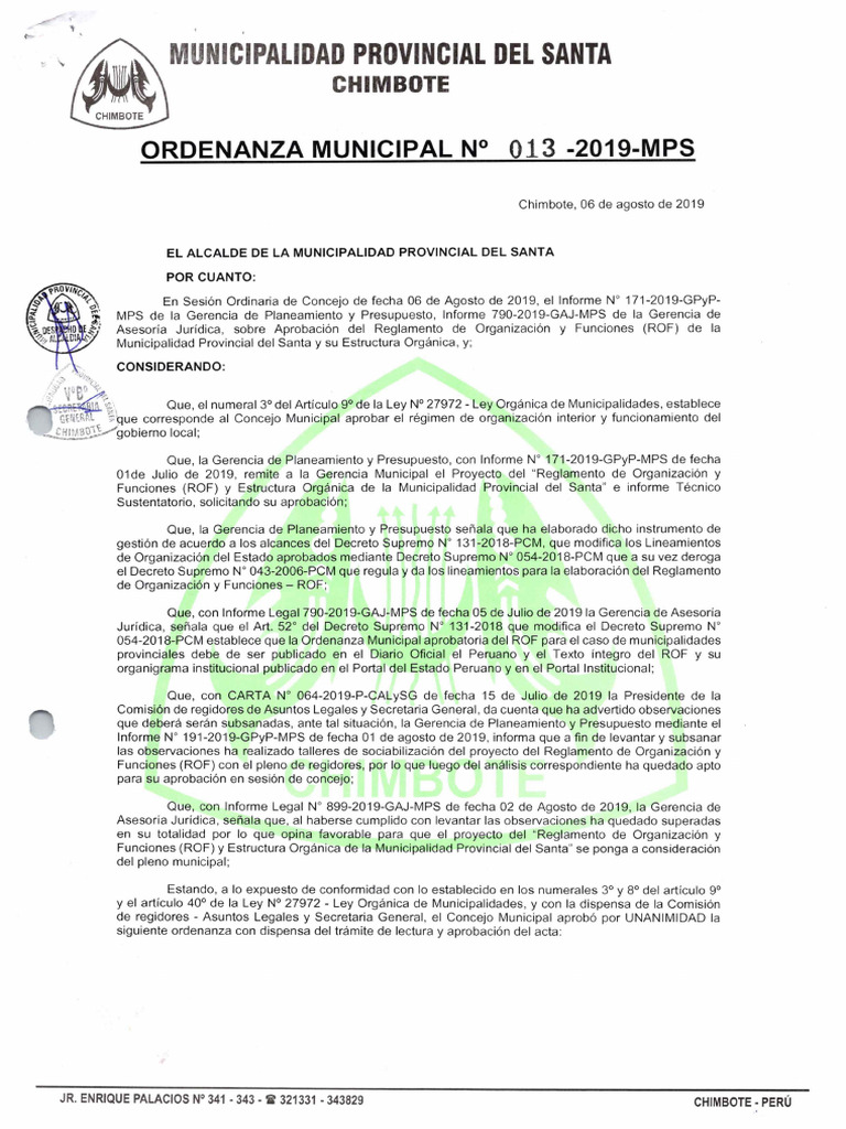 Rof - 2019 - MPS - Om 013-2019-MPS | PDF | Gobierno | Gobernancia