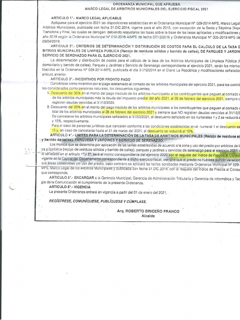 O.M. 016-2020-MPS Arbitrios Dscto 2021 | PDF