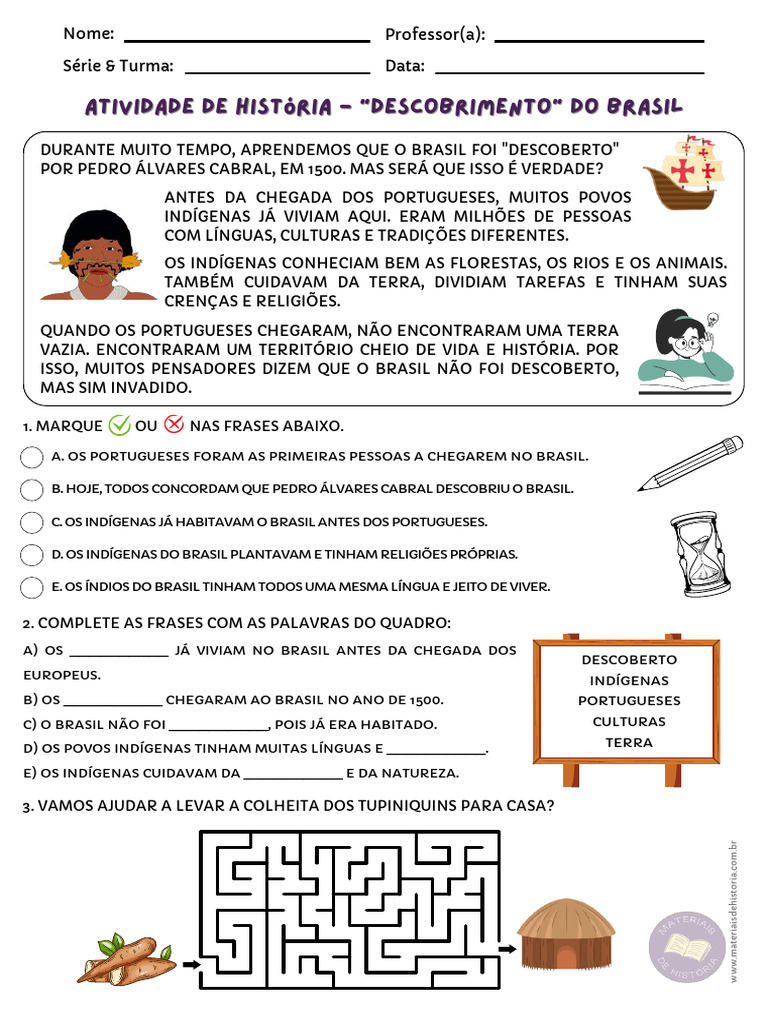 Atividade Adaptada Descobrimento Do Brasil | PDF | Brasil | Povos indígenas das Américas