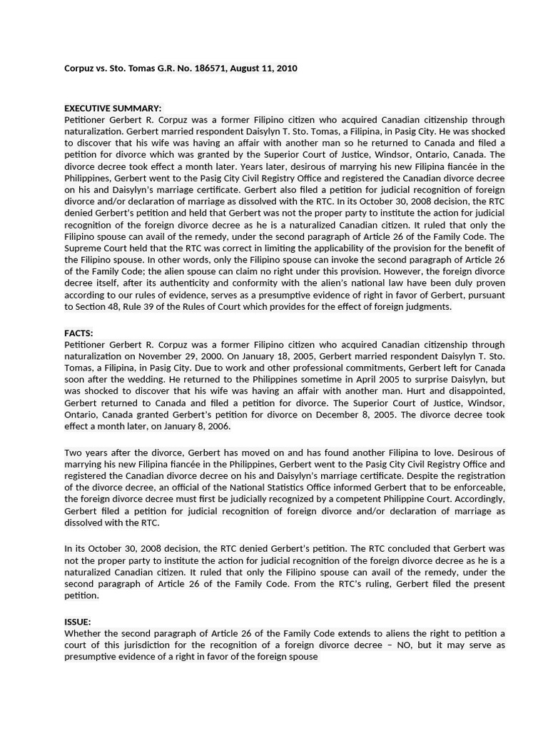 Gerbert Corpuz Vs-Case Digest 2 Not Uploaded | PDF | Divorce | Marriage