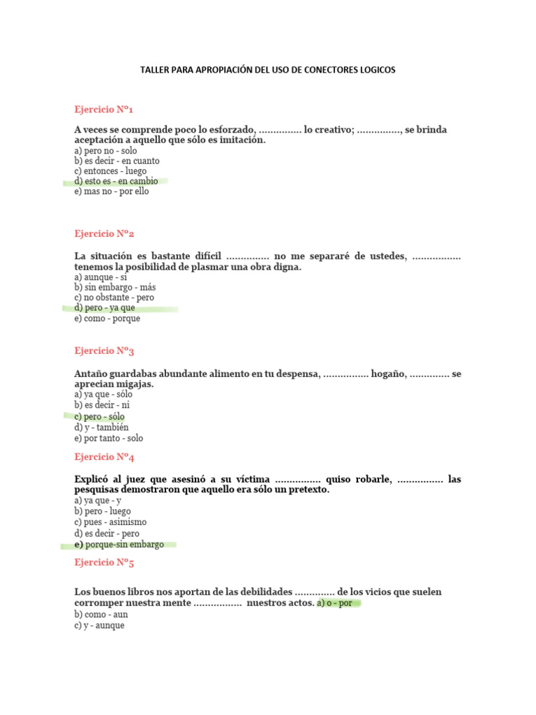 Taller de Conectores Lógicos en Español | PDF
