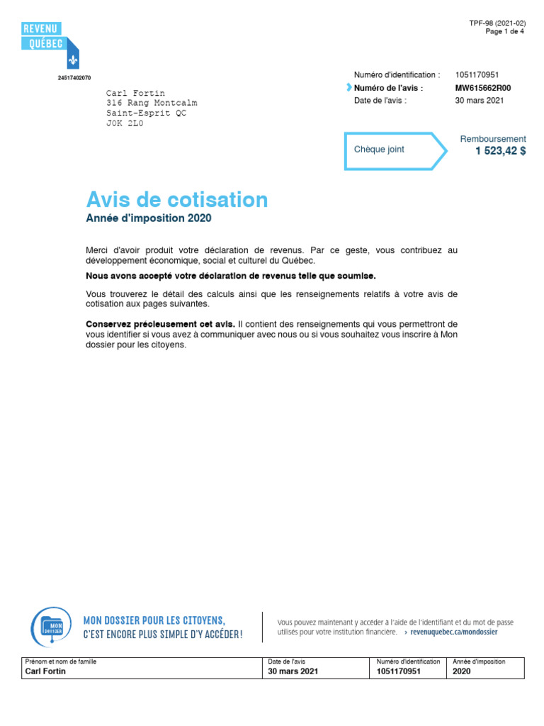 Avis de cotisation 2020 - Carl Fortin | PDF | Impôt sur le revenu ...