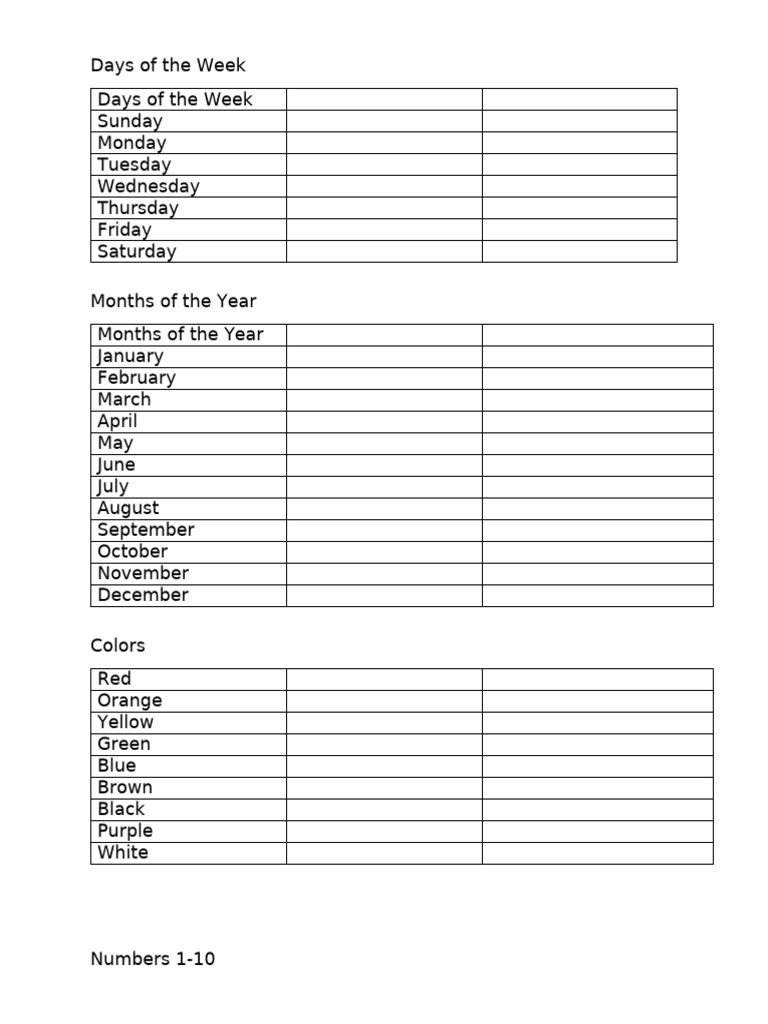 Days, Months, Colors, and Numbers Guide | PDF
