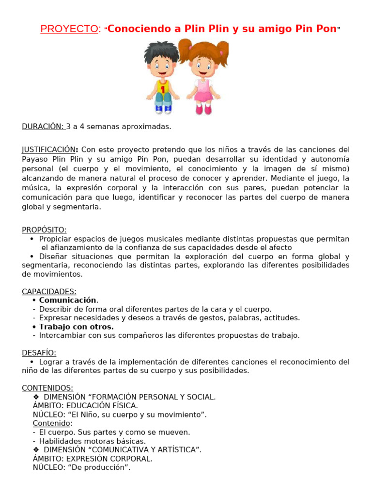 PROYECTO Conociendo A Plin Plin y Su Amigo Pin Pon | PDF | Comunicación ...