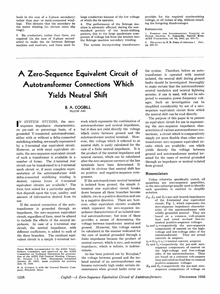 A Zero-Sequence Equivalent Circuit of Autotransformer Connections Which Yields Neutral Shift ...