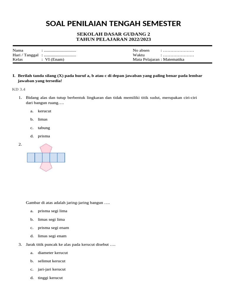 Soal PTS Genap Matematika Kelas 6 | PDF
