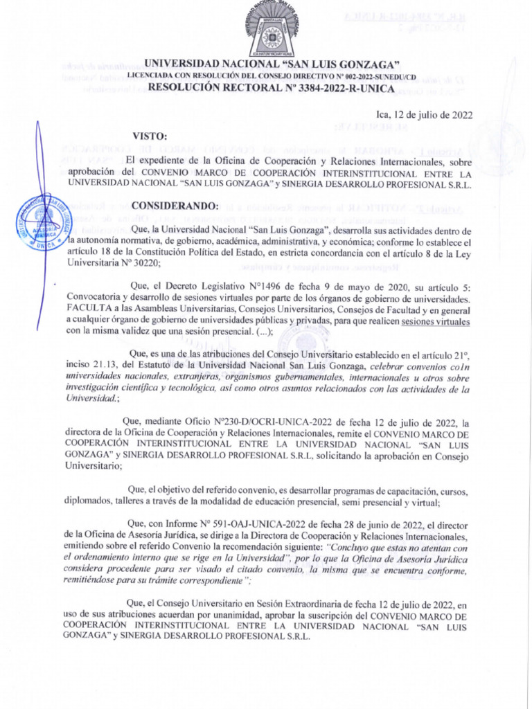 Resol. y Conv. Sinergia - Unica | PDF