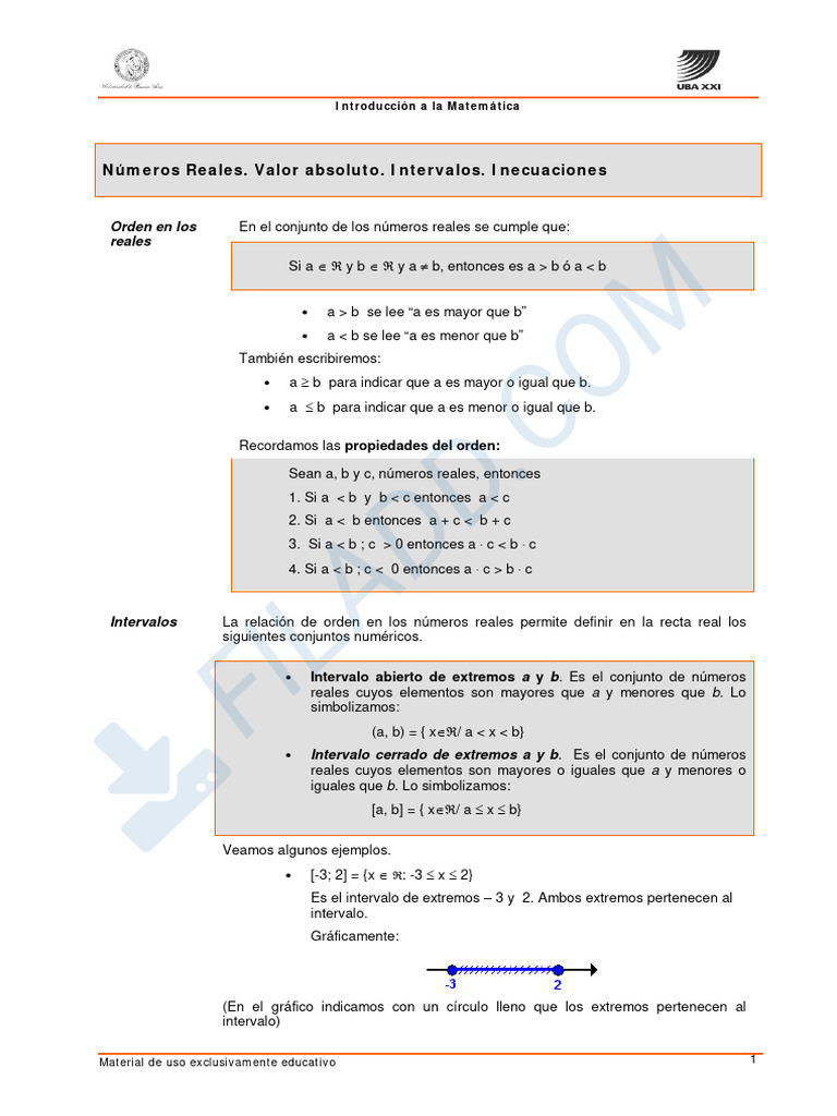 Numeros Reales - Valor Absoluto - Intervalos - Inecuaciones | PDF | Desigualdad (Matemáticas ...